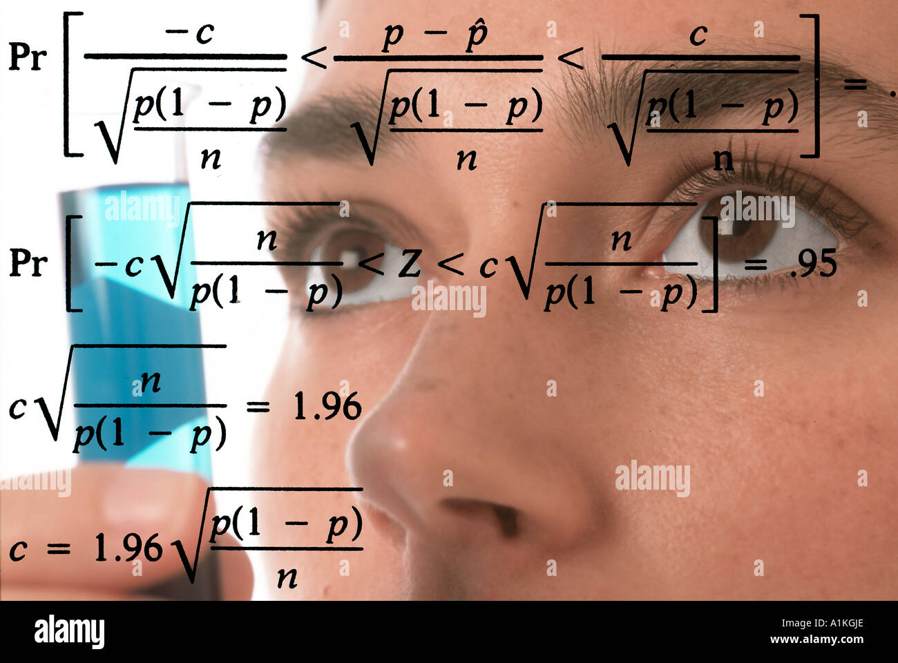 medical technician studying test tube with an overlay of math symbols ...