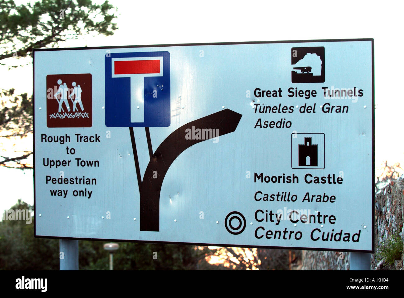 gibraltar road sign siege tunnels upper rock Stock Photo - Alamy