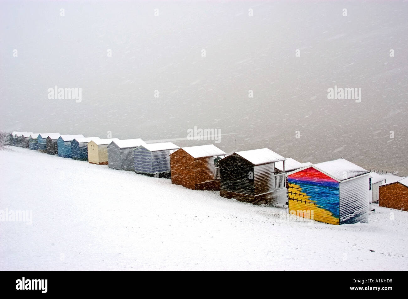 Tankerton slopes Whitstable kent Beach Huts in the Snow Stock Photo - Alamy