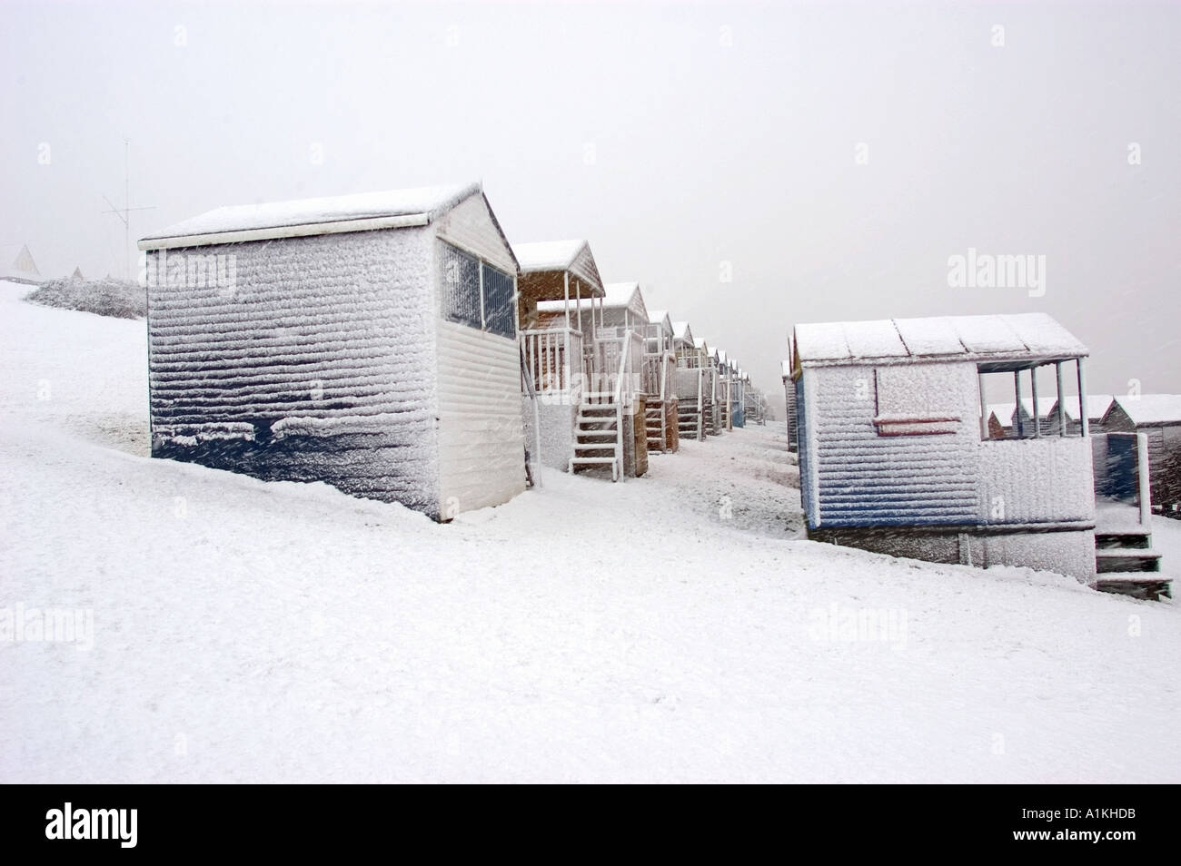 Tankerton slopes Whitstable kent Beach Huts in the Snow Stock Photo - Alamy