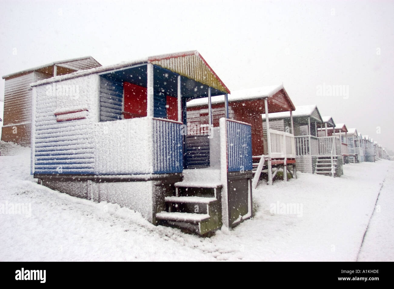 Tankerton slopes Whitstable kent Beach Huts in the Snow Stock Photo - Alamy