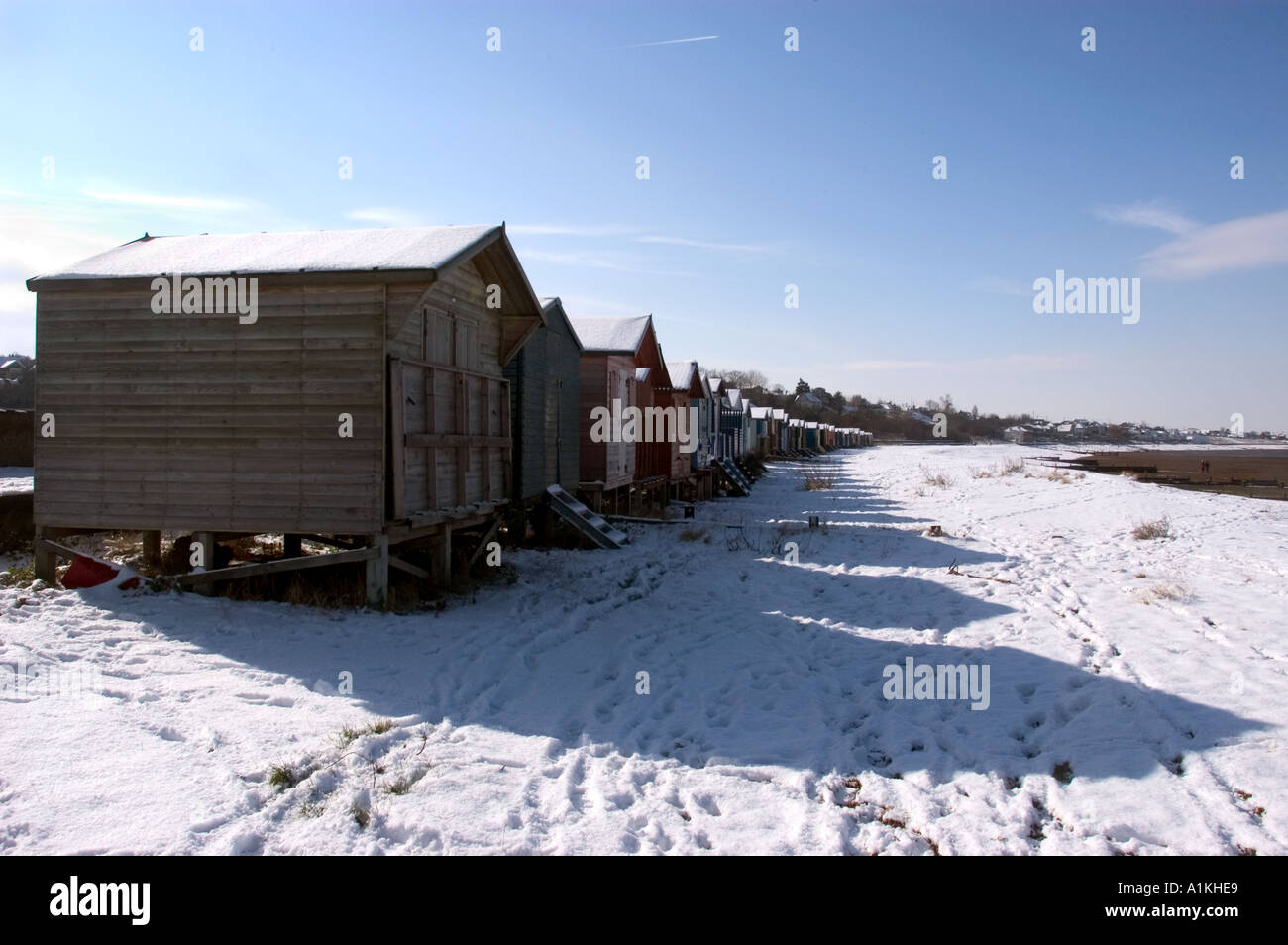 West Beach Whitstable kent Beach Huts in the Snow Stock Photo - Alamy