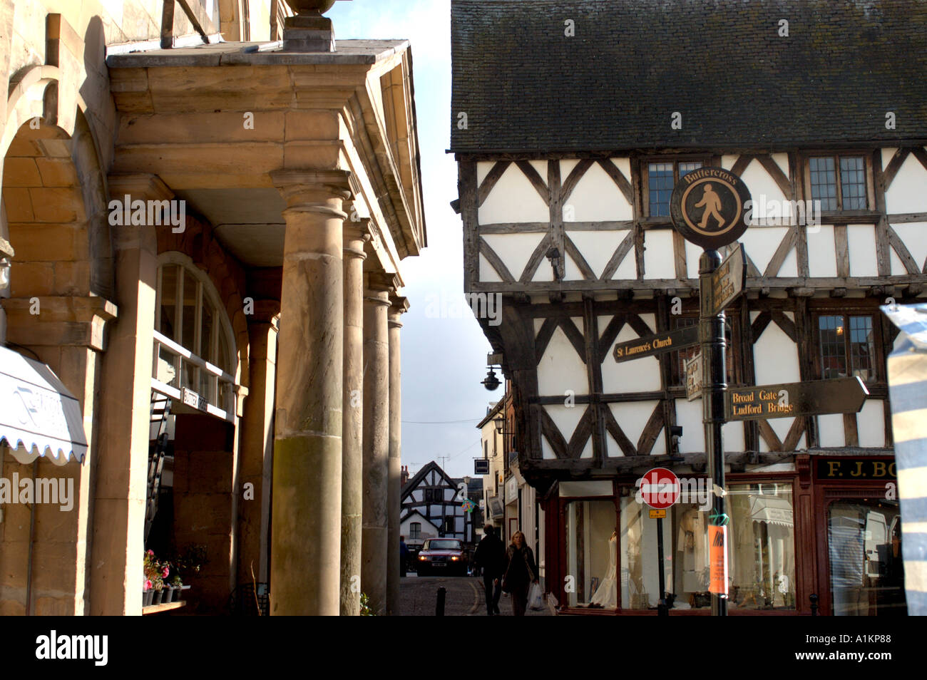 Ludlow The Buttercross and black an white buildings at the junction of ...