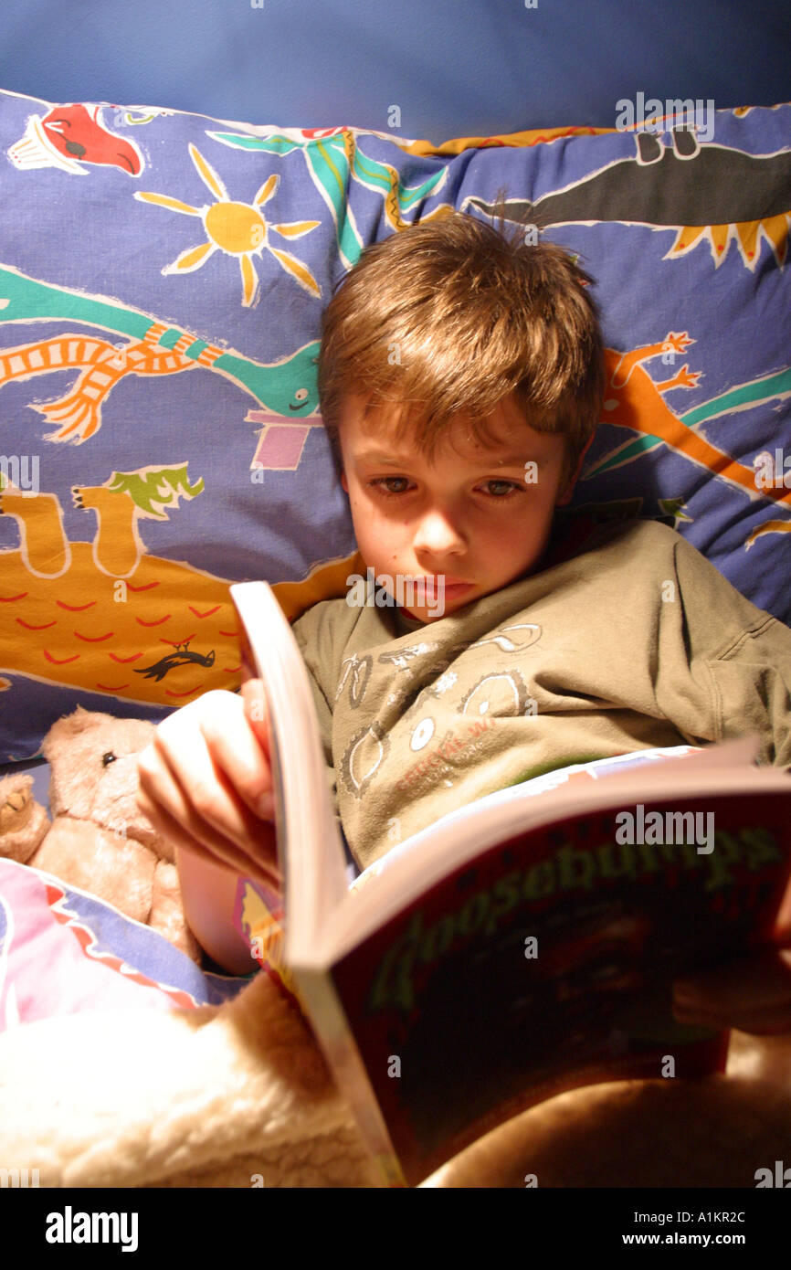 Young boy reading a book in bed at bedtime Stock Photo - Alamy