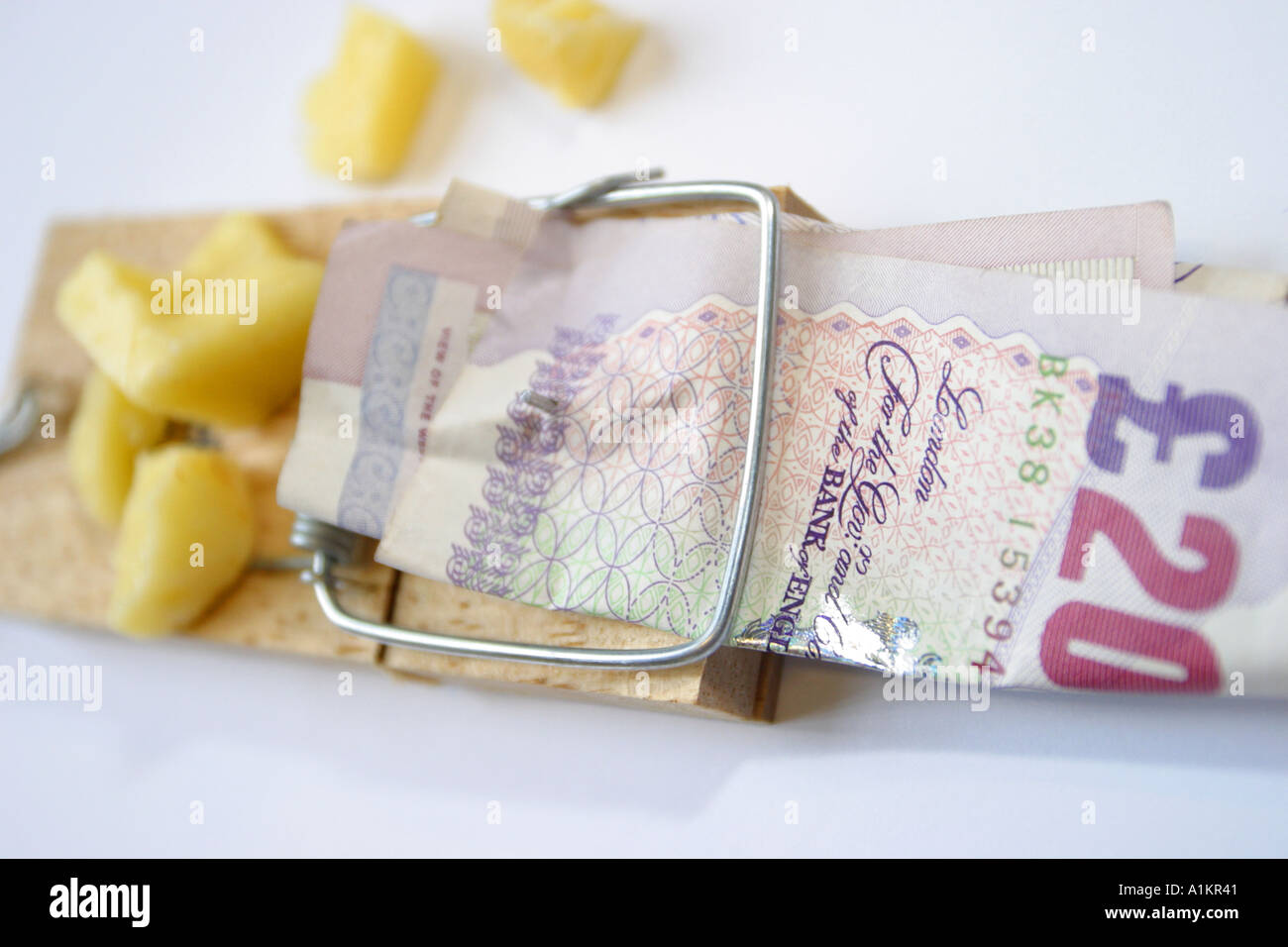 Cash money banknote caught in a mousetrap with cheese bait Stock Photo ...