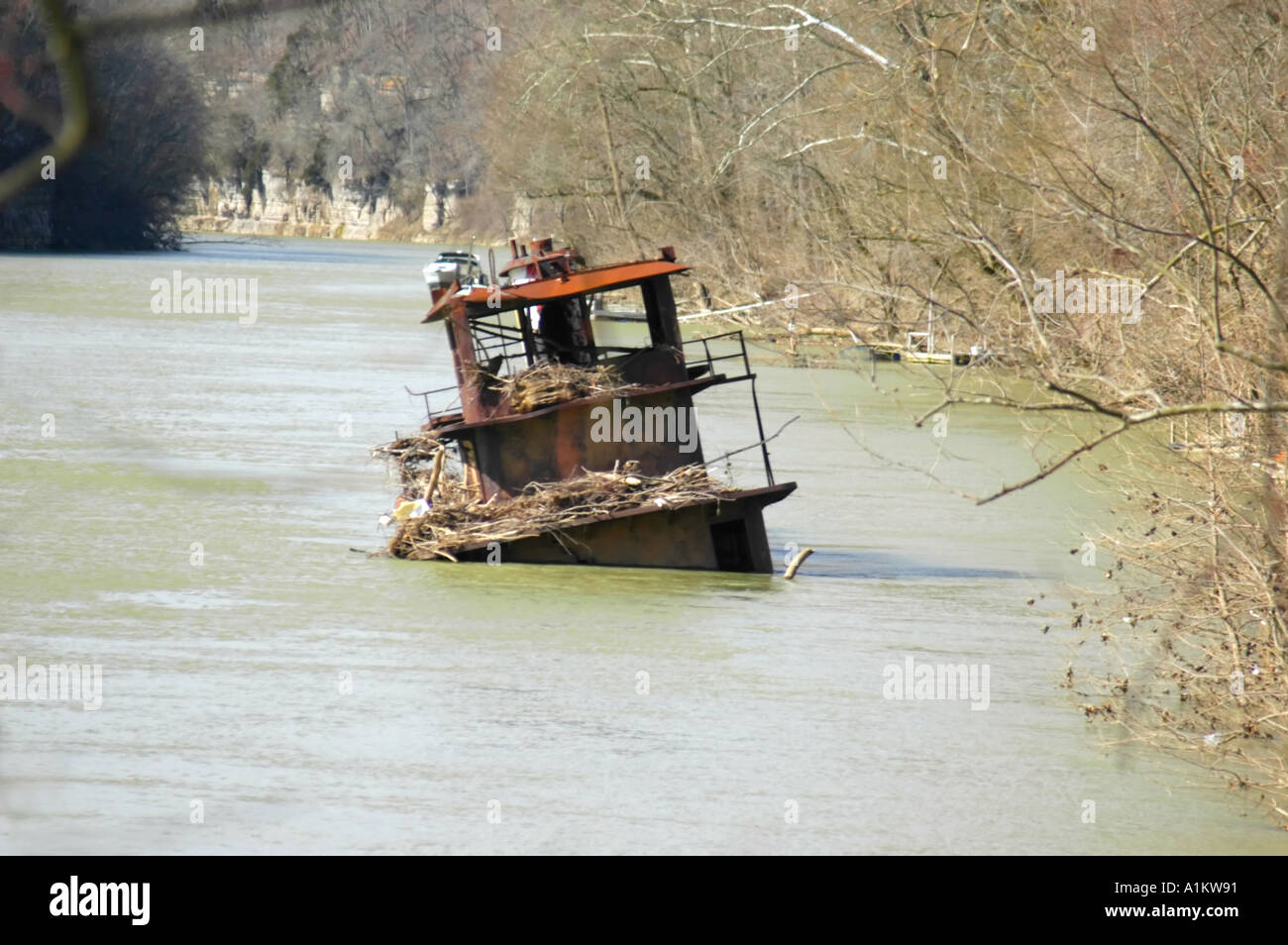 Old rusting sunken tugboat in the Kentucky river USA Stock Photo - Alamy