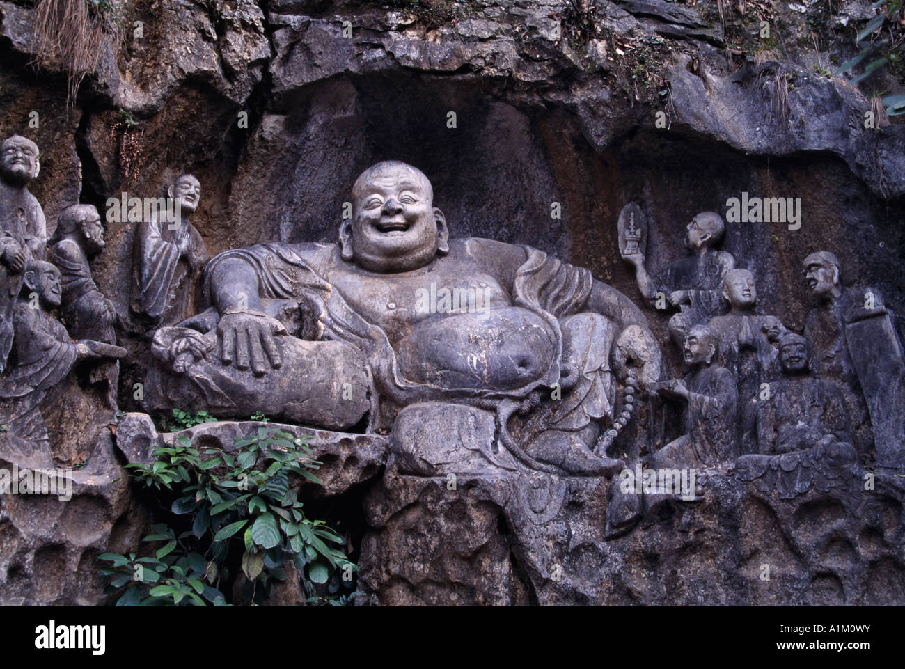 China Zhejiang Province Hangzhou cave of Laughing Buddha in Ling Yin ...