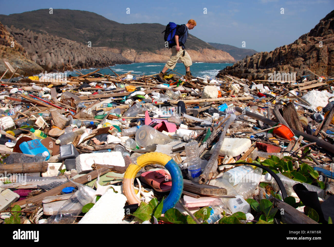 Trash on a Hong Kong coastline Sai Kung Country Park New Territories ...