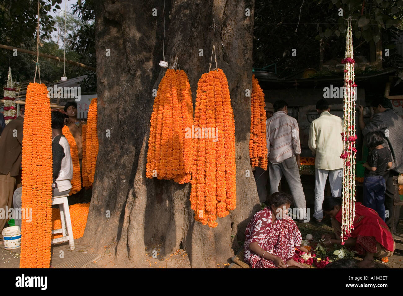 Strands of marigolds and other flowers for sale in the flower market in ...