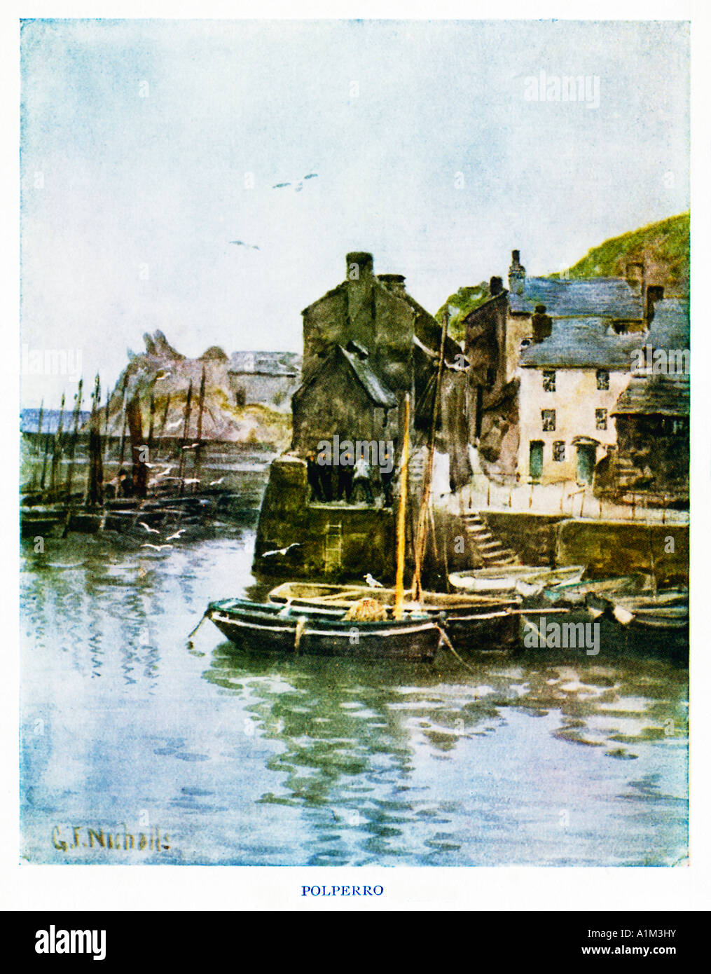 Polperro Edwardian watercolour of boats moored in the harbour of the ...