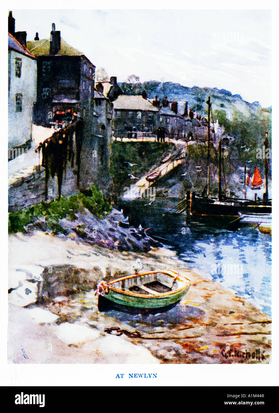 At Newlyn Edwardian watercolour of the harbour of the Cornish port ...