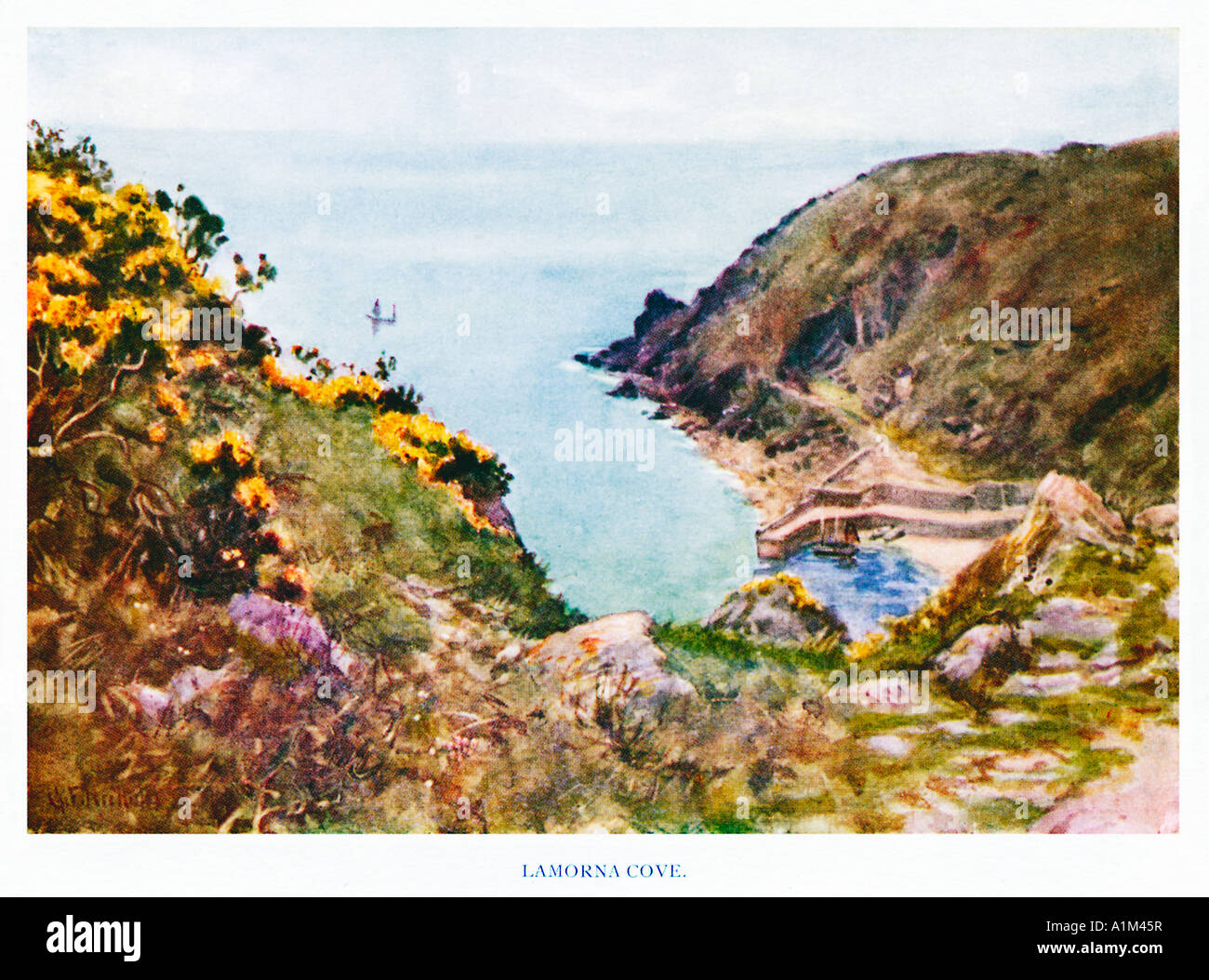 Lamorna Cove Newlyn Edwardian watercolour of the Cornish harbour and ...