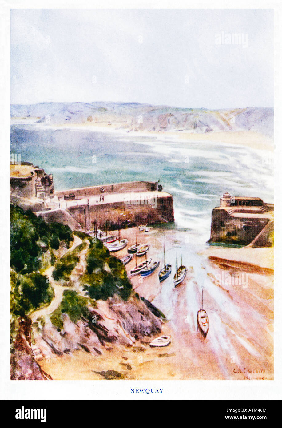 Newquay Edwardian watercolour of the harbour of the Cornish fishing ...