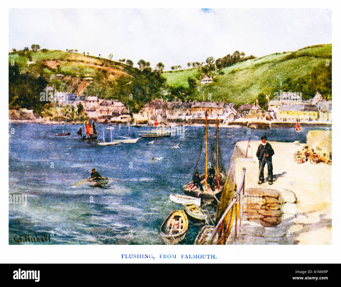 Flushing From Falmouth Edwardian watercolour of the fishing village ...