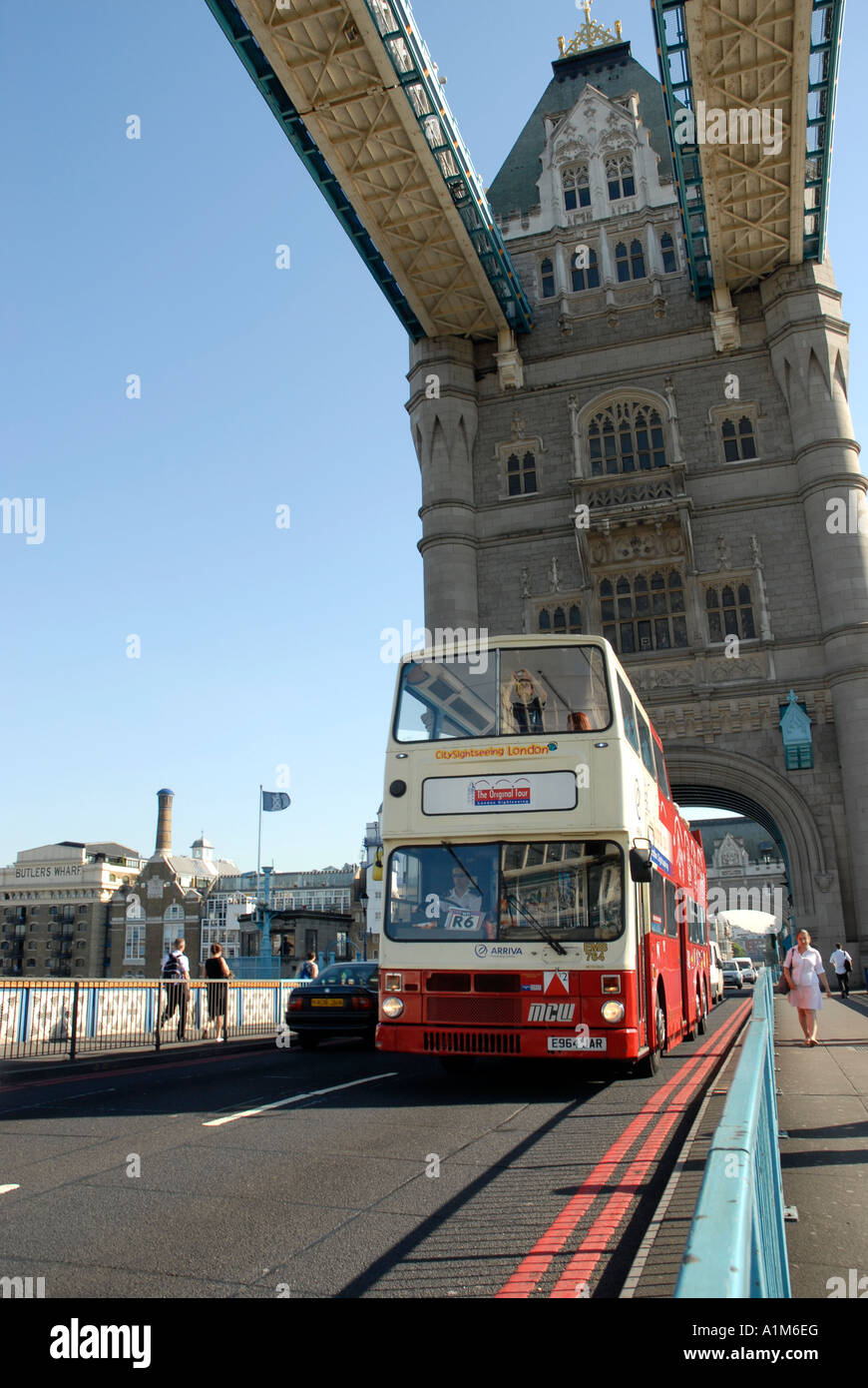 Tourist bus on Tower Bridge London Stock Photo - Alamy