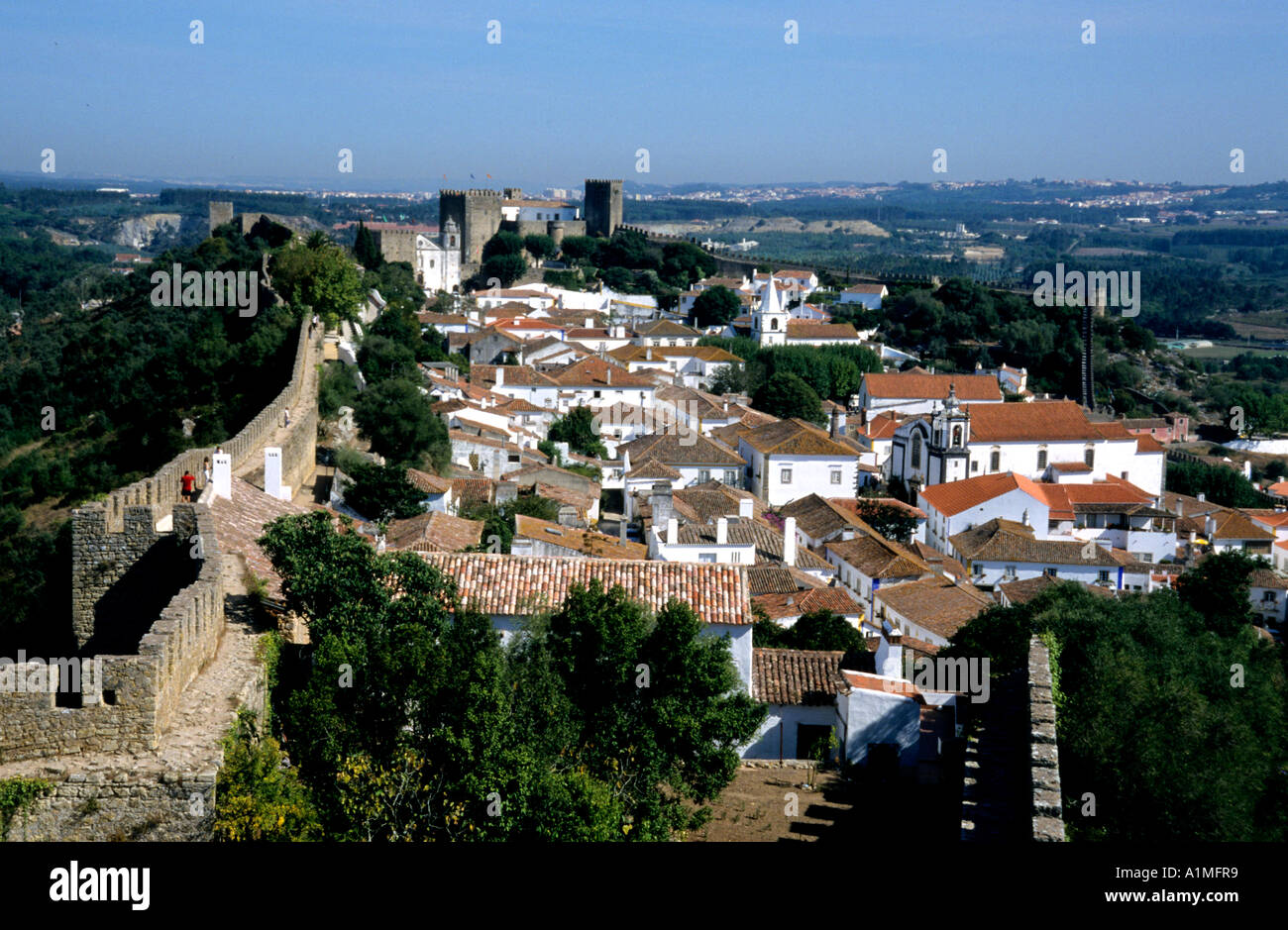 Portugal Obidos whitewashed houses castle walls Stock Photo - Alamy