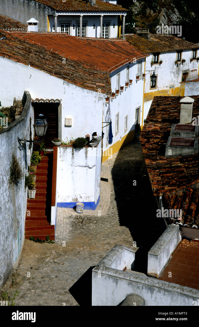 Portugal Obidos whitewashed houses castle walls Stock Photo - Alamy