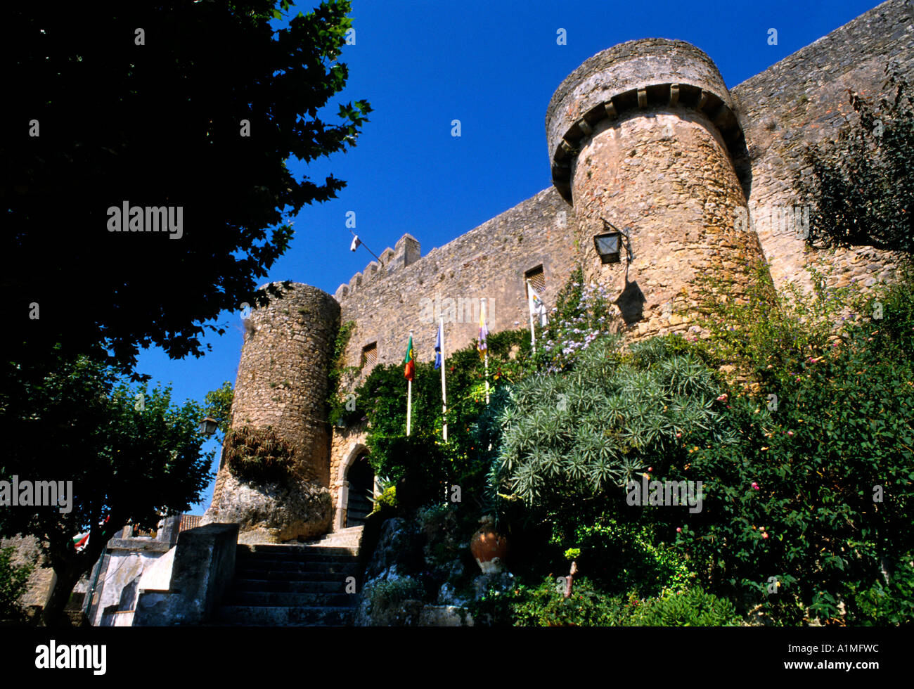 Portugal Obidos whitewashed houses castle walls Stock Photo - Alamy