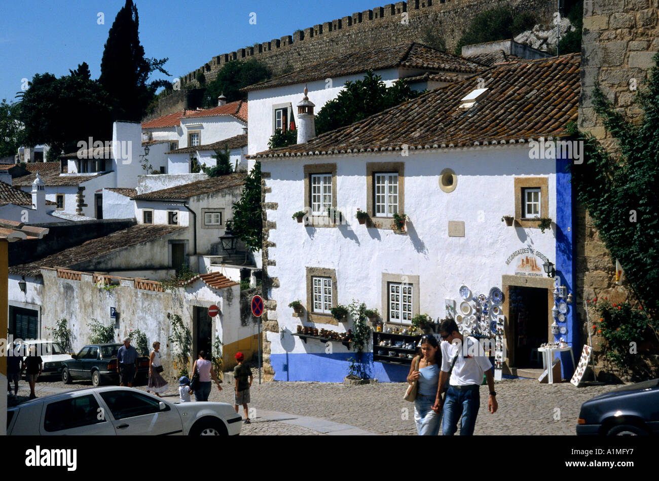 Portugal Obidos whitewashed houses castle walls Stock Photo - Alamy