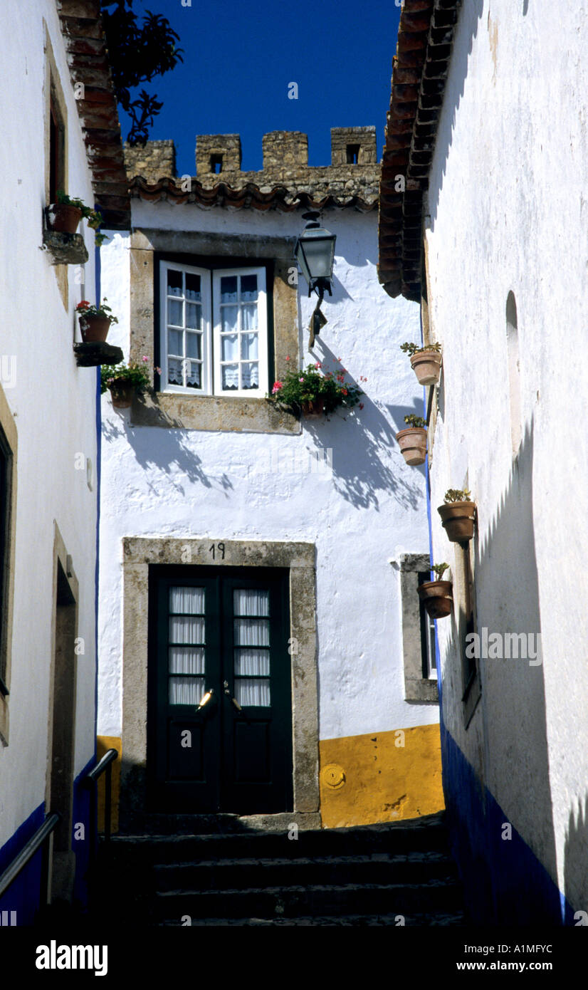 Portugal Obidos whitewashed houses castle walls Stock Photo - Alamy