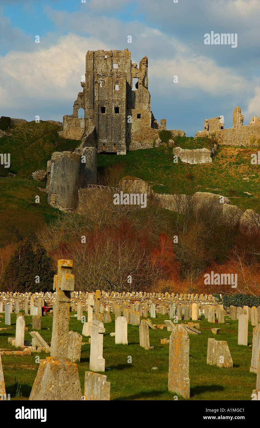 Corfe Castle seen from the village cemetry Dorset UK Stock Photo - Alamy