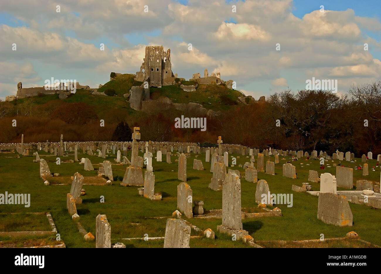 The ruins of Corfe Castle seen from the village Cemetry Horizontal ...