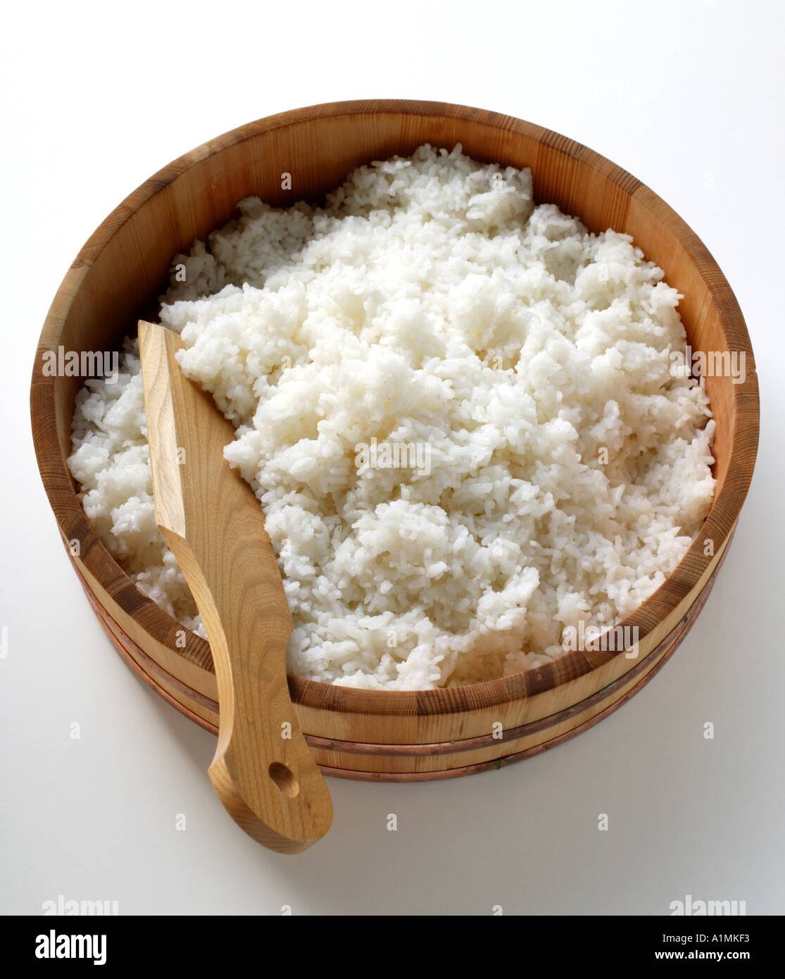 Boiled sushi rice in wooden bowl 1 Stock Photo - Alamy