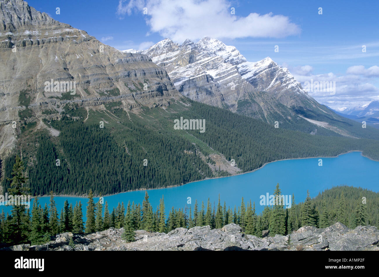 Banff national park View from rocks height over lake Bright blue water ...
