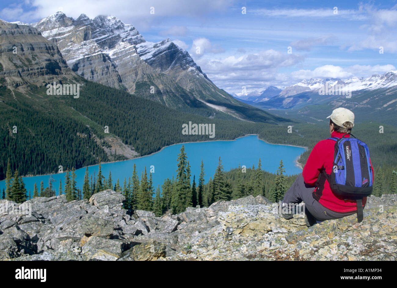 Banff national park View from rocks height over lake Bright blue water ...