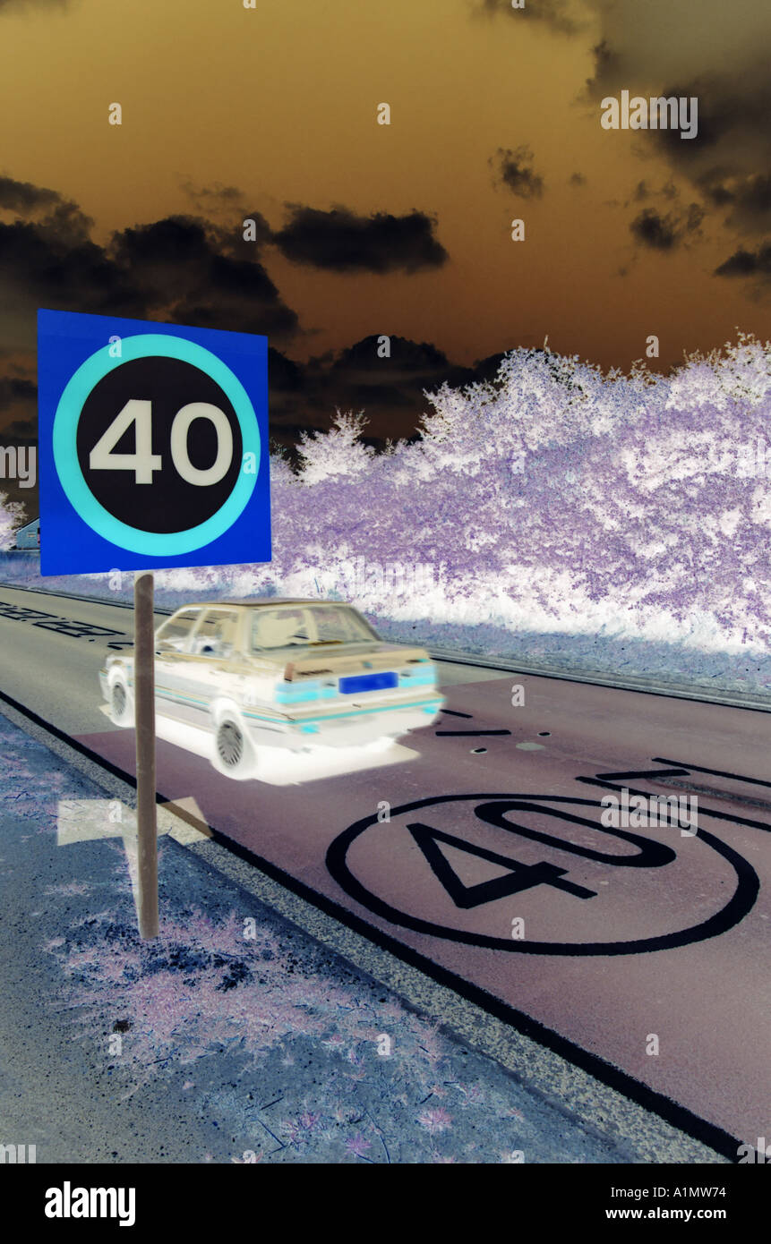 40mph road traffic sign and road markings on tarmac road surface ...