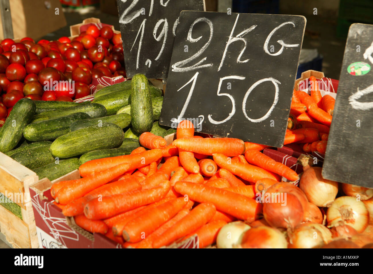 Spanish market scene with various vegetables food, fruit carrot ...