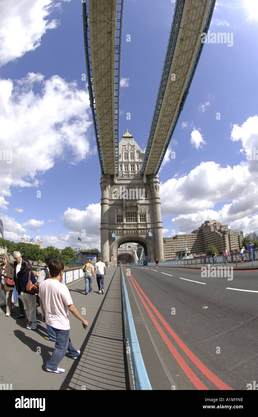 tower bridge london england wideangle vertical fisheye road blue sky ...