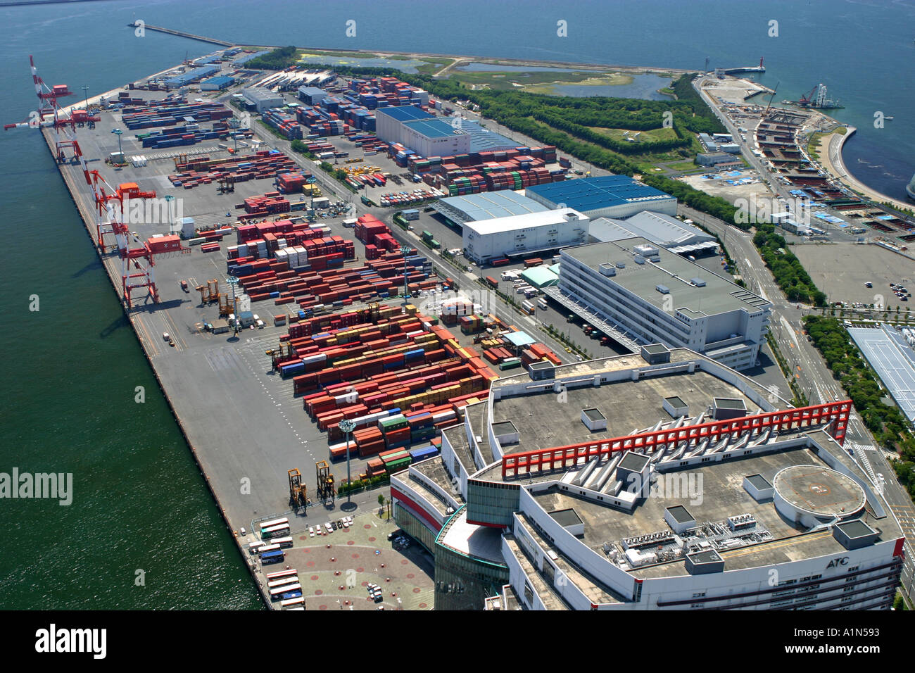 Aerial view of Osaka city and port area in Japan taken from the top of ...