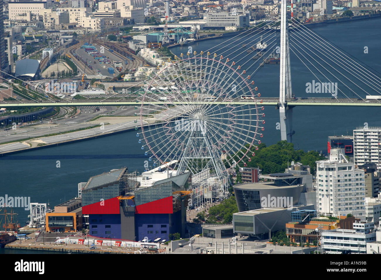 Aerial view of Osaka city and port area in Japan taken from the top of ...