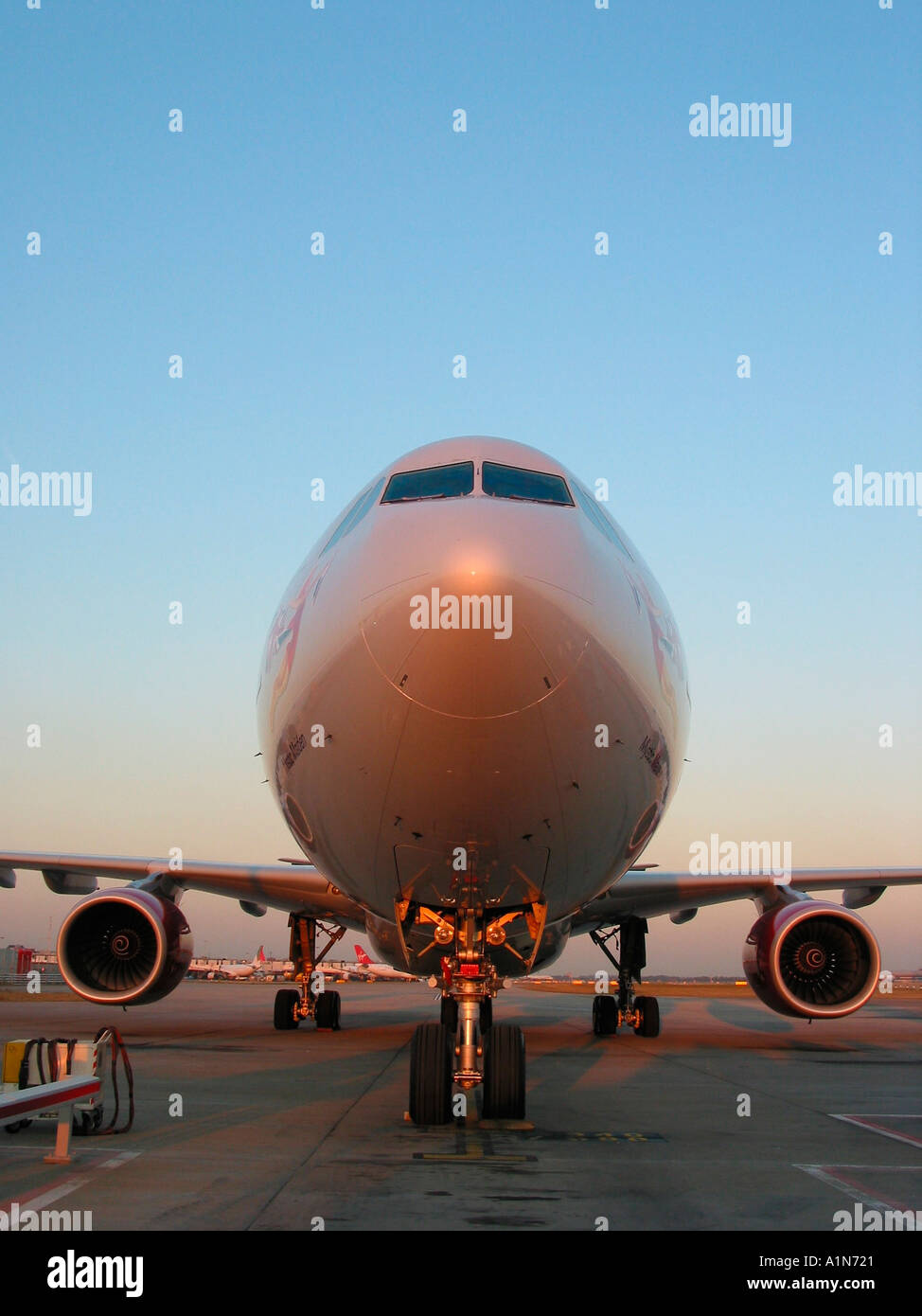 Virgin Atlantic Airbus A340 600 at Heathrow airport at sunset Stock ...