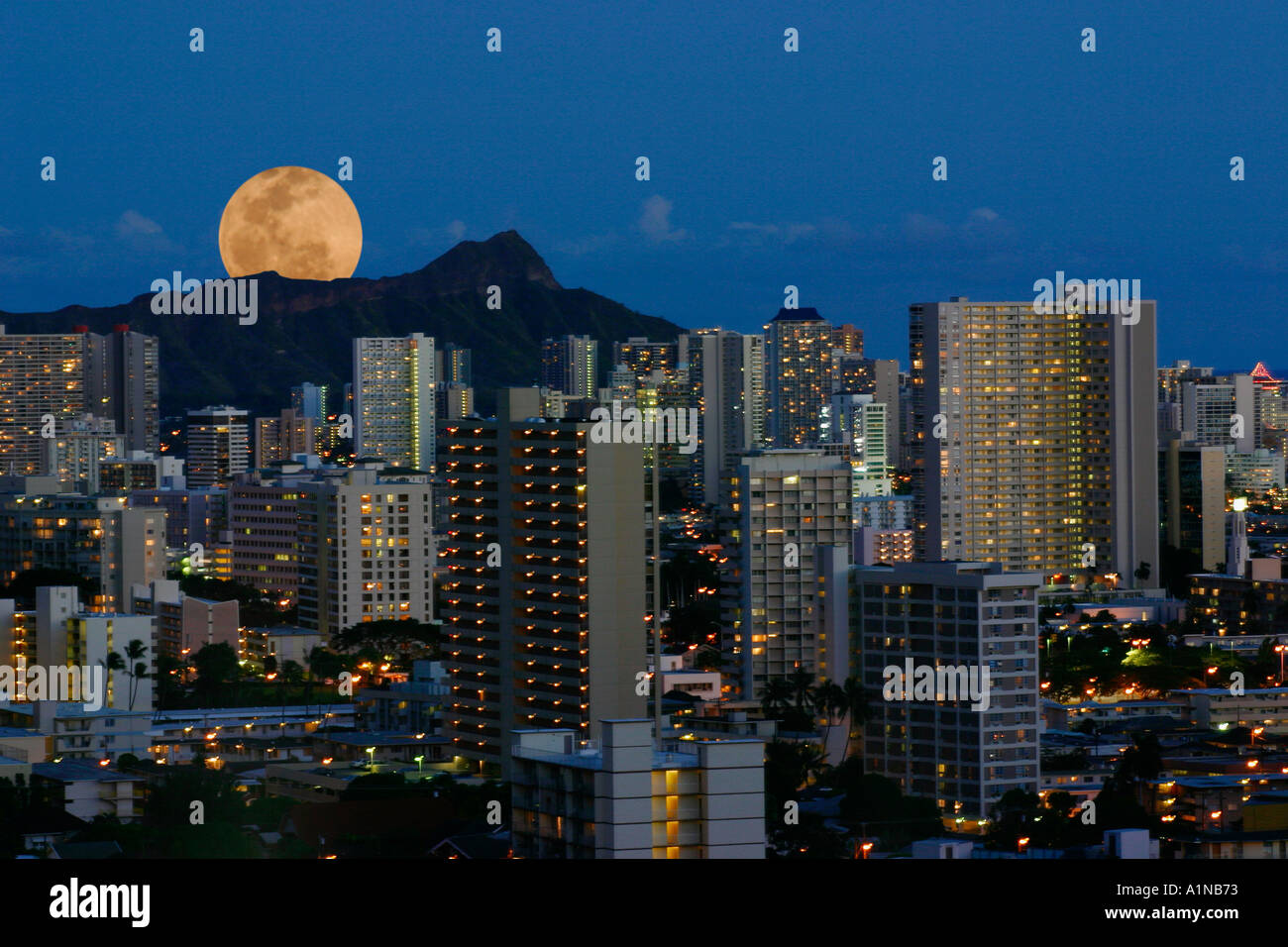 Full moon rise over Diamond Head with Waikiki skyline at dusk Honolulu ...