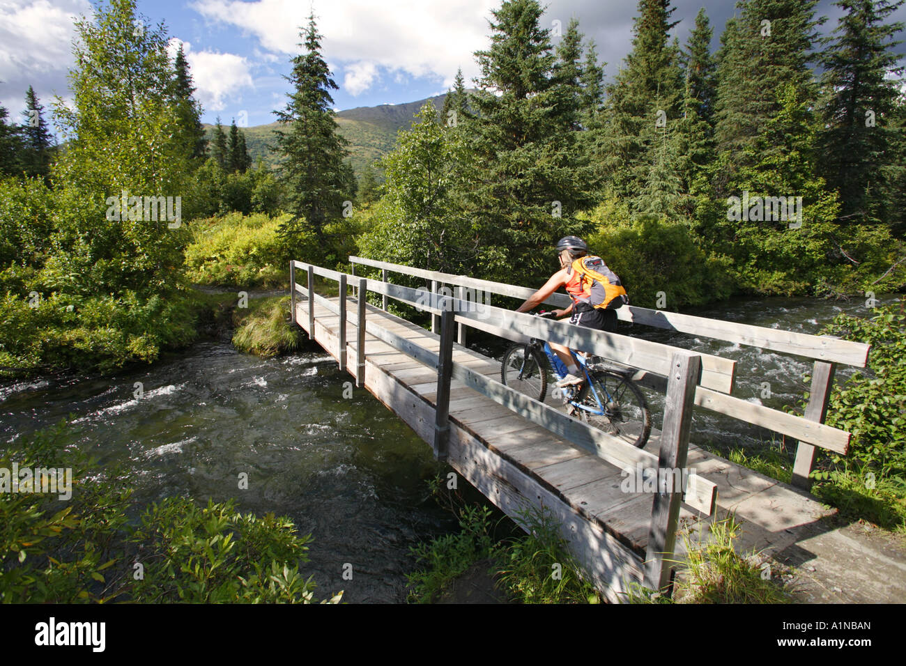 Mountain Biker crosses the Juneau Creek Bridge Resurrection Pass Trail ...