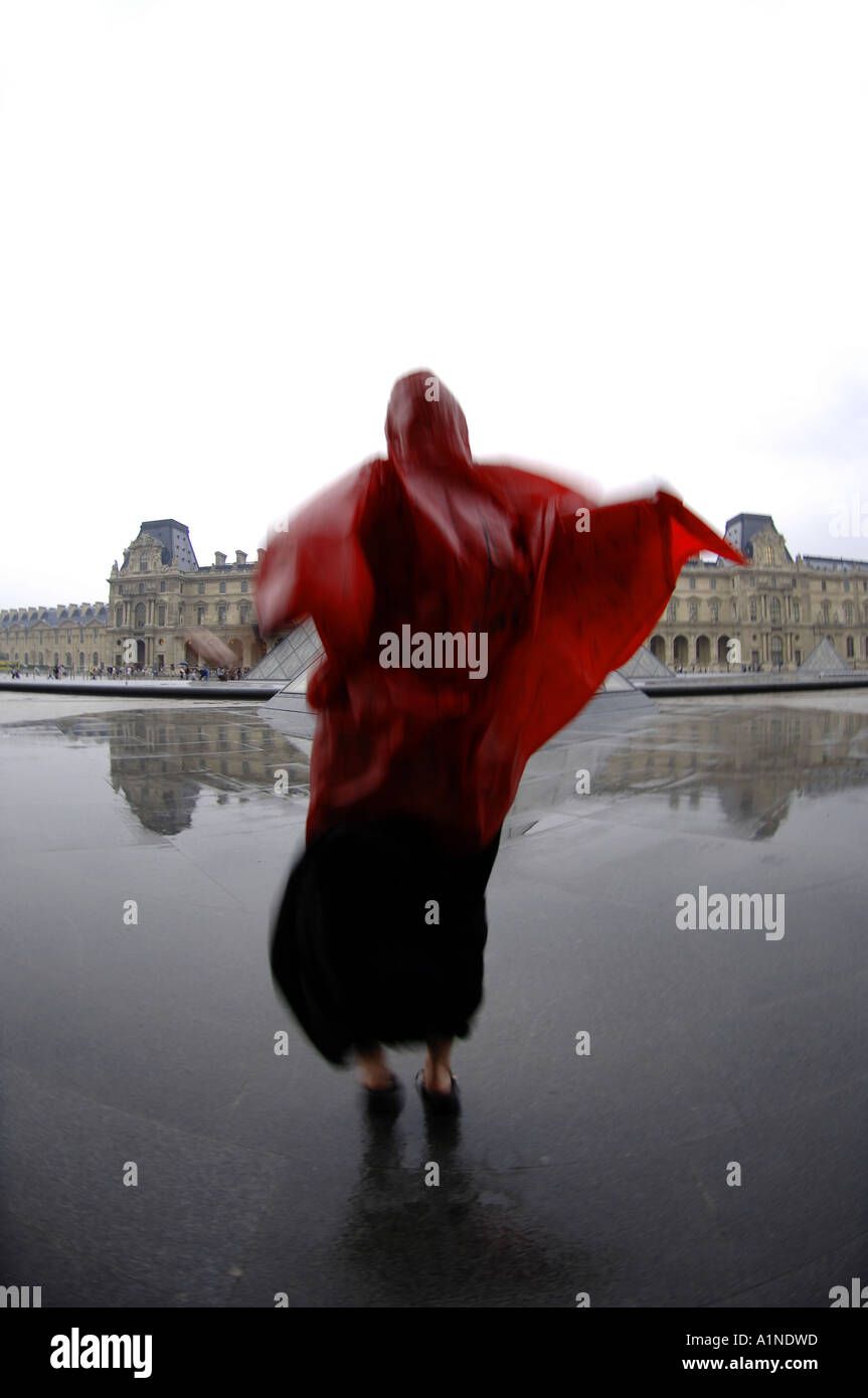 Le Louvre, Paris, France, woman in red, rain, woman in red, rain, the ...
