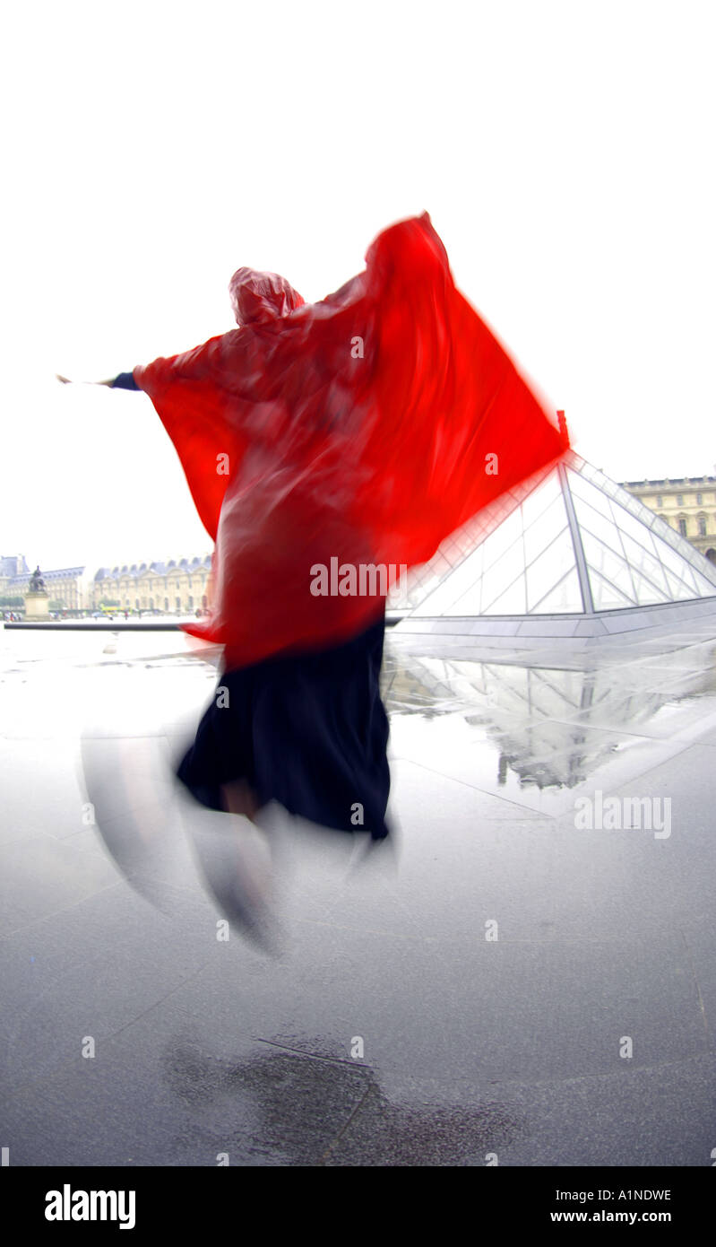 Le Louvre, Paris, France, woman in red, rain, woman in red, rain, the ...