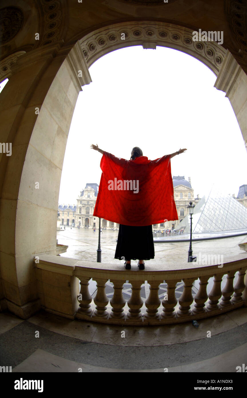 Le Louvre, Paris, France, woman in red, rain, woman in red, rain, the ...