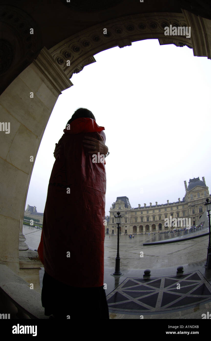 Le Louvre, Paris, France, woman in red, rain, woman in red, rain, the ...