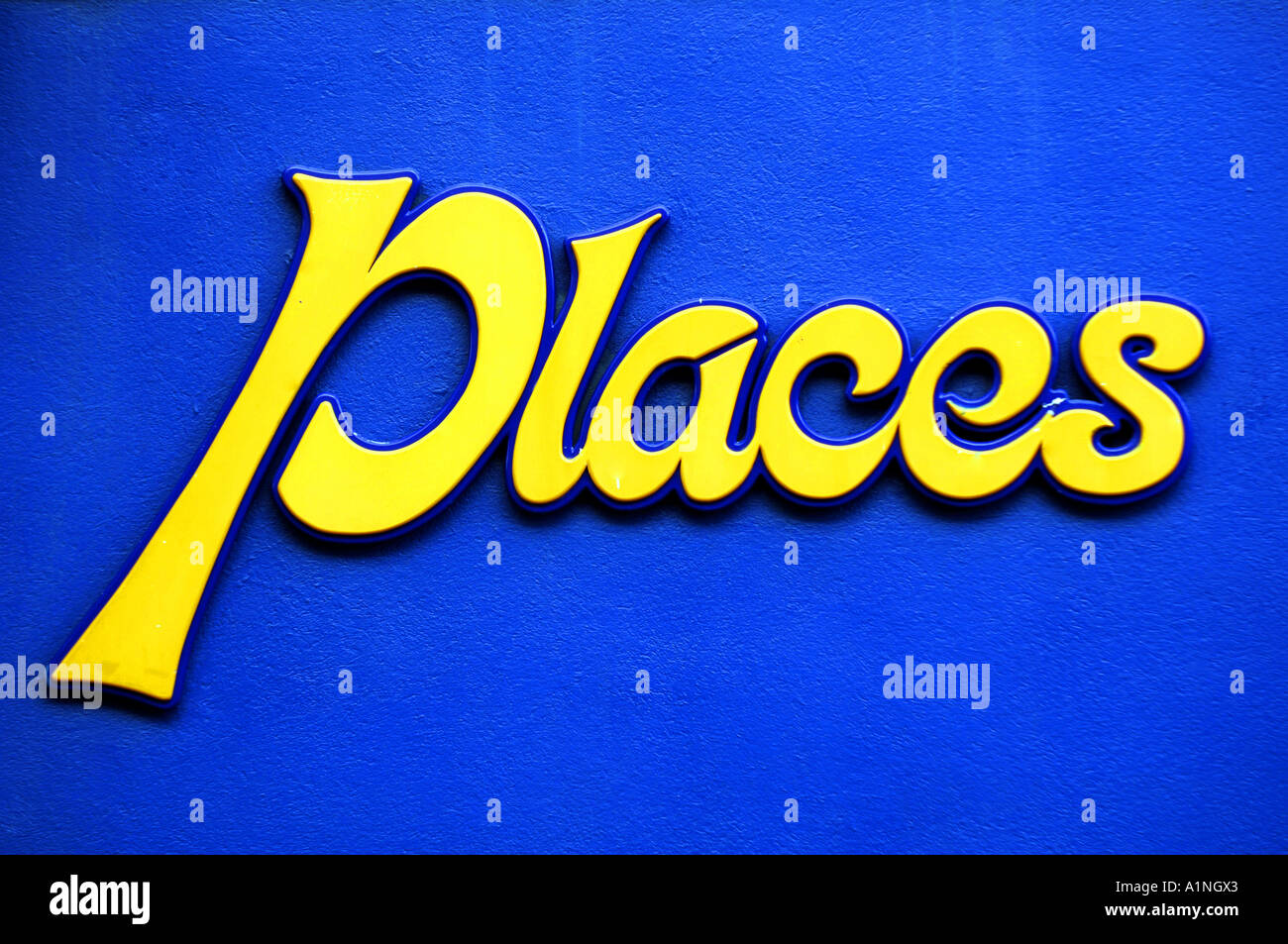 places sign blue yellow word location locations destinations discoteque ...
