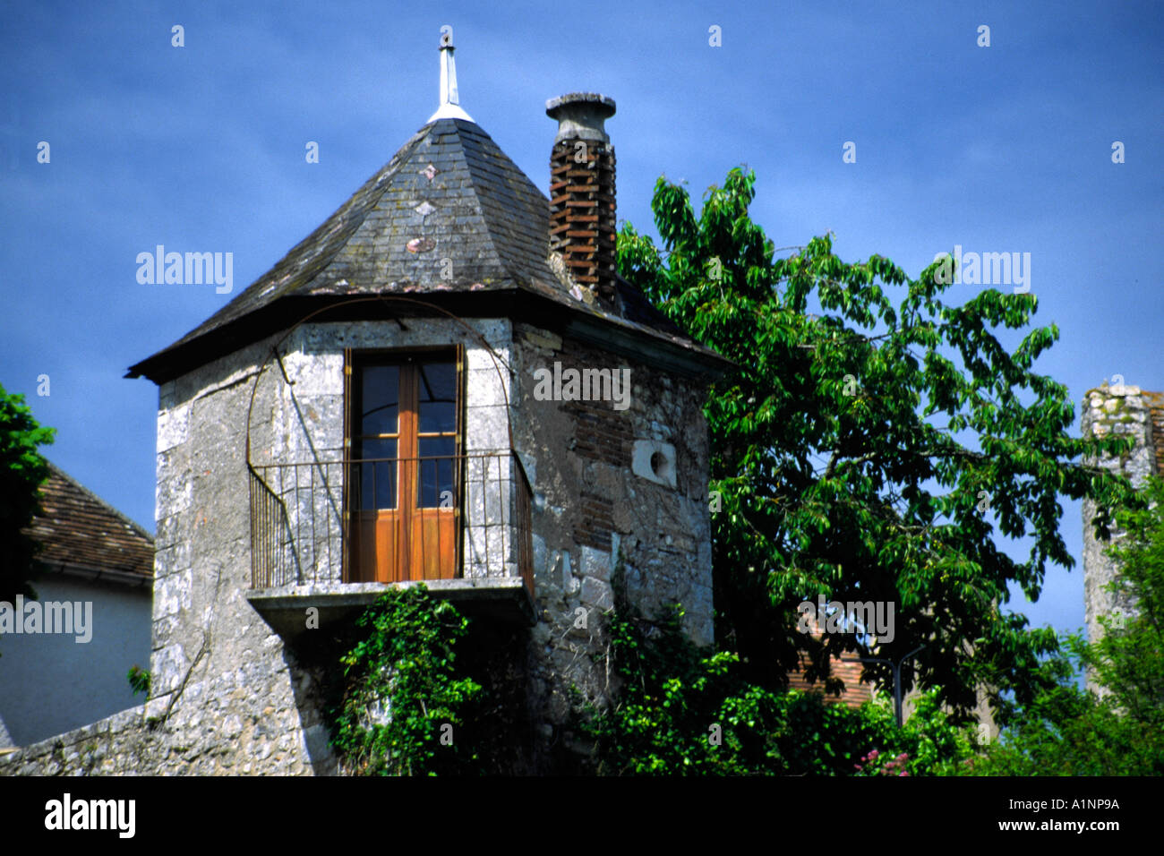 An unusual turret and balcony in the medieval village of Angles sur l ...