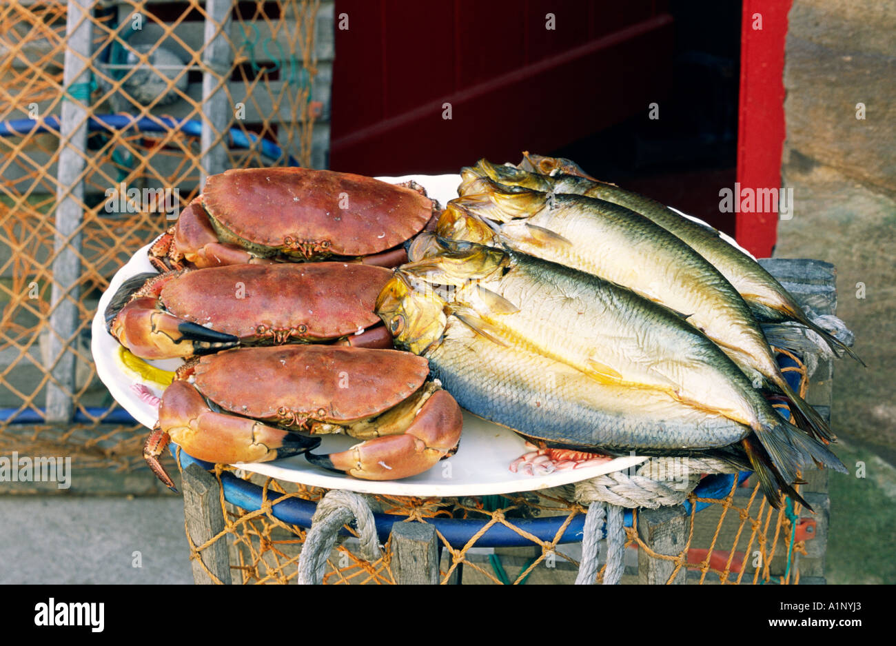 Fresh kippers and crab outside the Swallowfish smokehouse shop at ...
