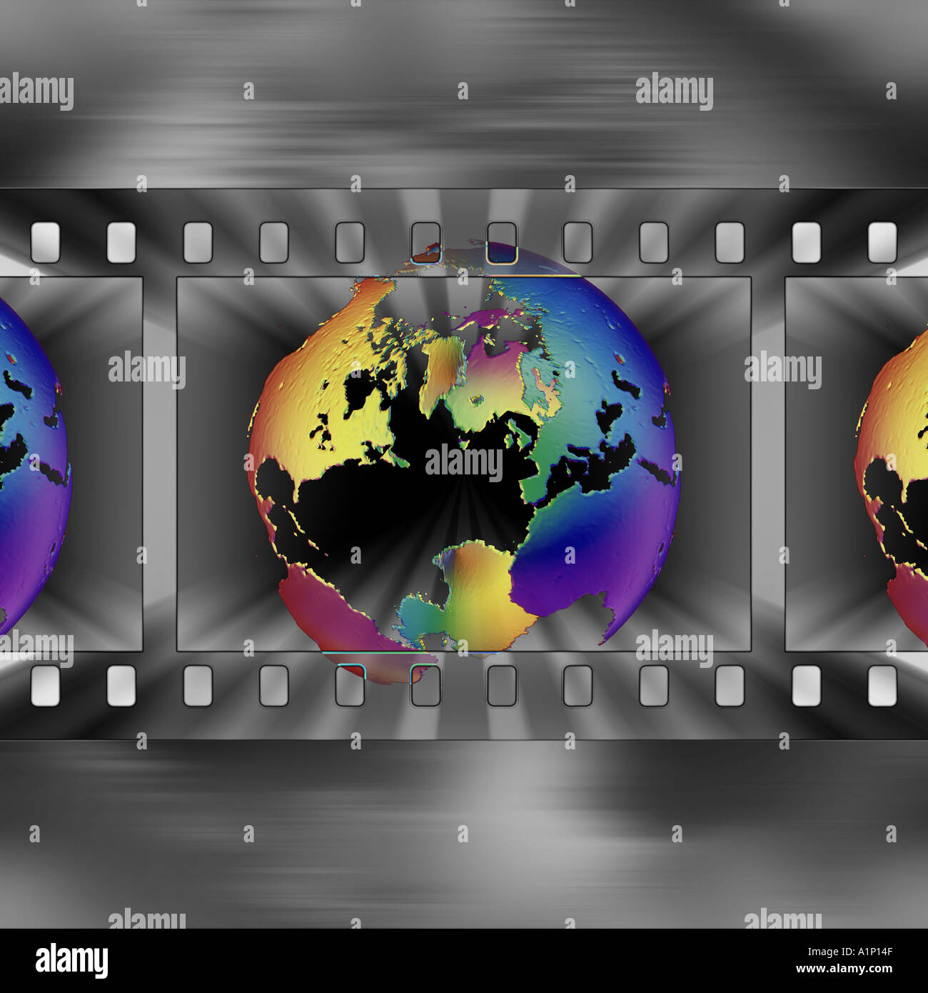 Colorful globe inside black and white filmstrip Stock Photo - Alamy