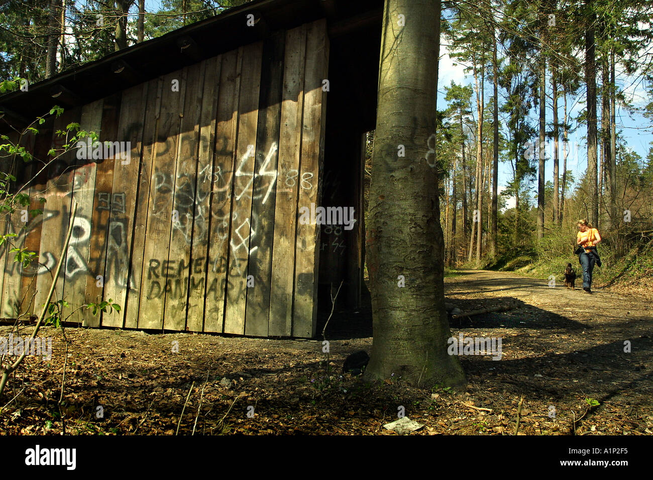 NAZI GRAFFITI ON A FORESTRY REFUGE ABOVE THE CITY OF WINTERTHUR NEAR ...