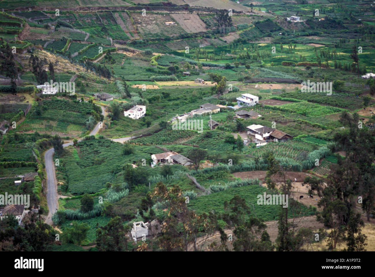 aerial view of houses and farms in a valley in the Andes Mountains ...