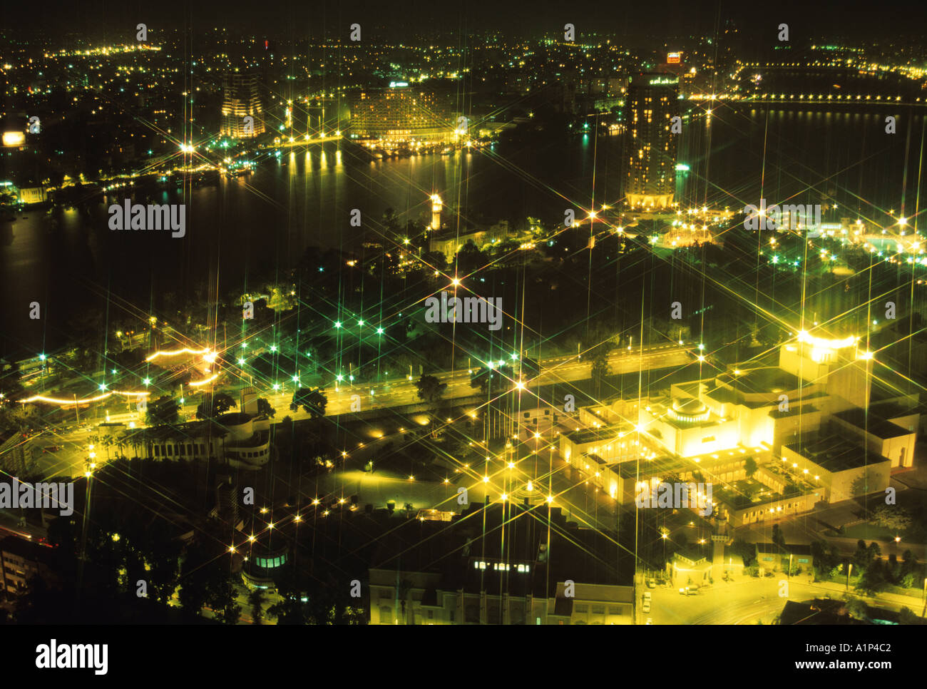 Aerial View of Cairo and the Nile River at night Cairo Egypt Stock ...