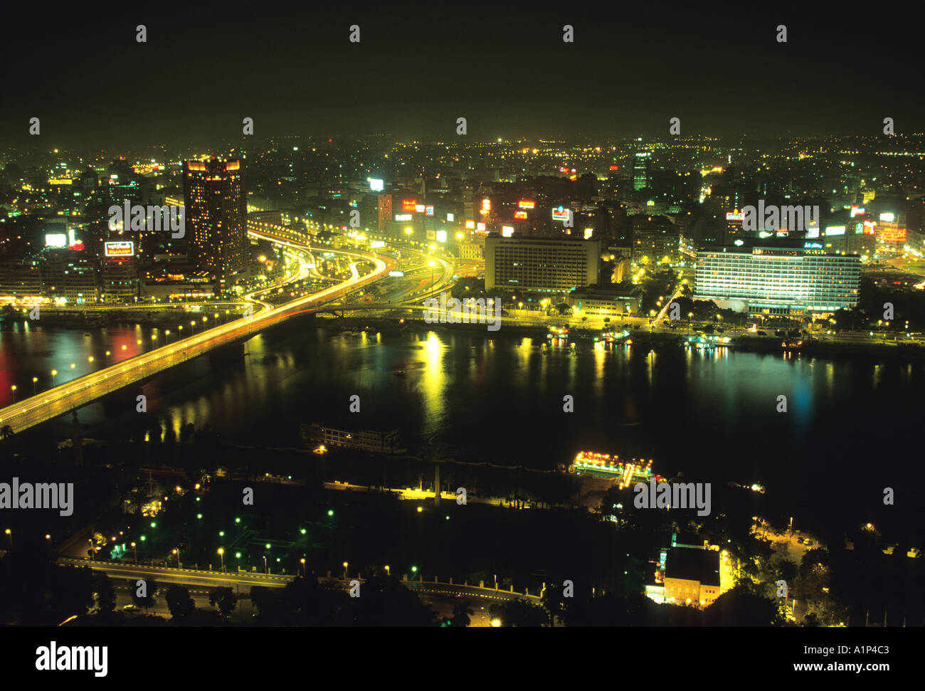 Aerial View of Cairo and the Nile River at night Cairo Egypt Stock ...