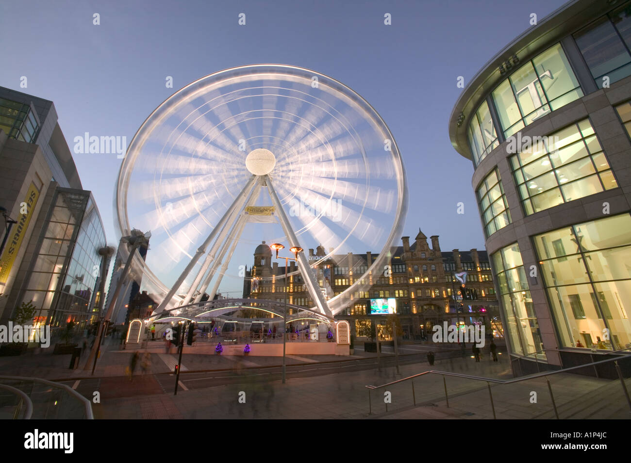 The Wheel of Manchester in Manchester city centre, UK, at dusk Stock ...